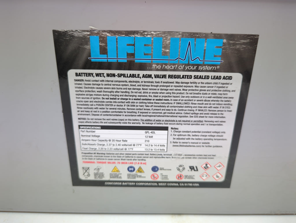 Lifeline GPL-4DL AGM 4D 12V 210AH Deep Cycle Boat Marine Battery Batte ...